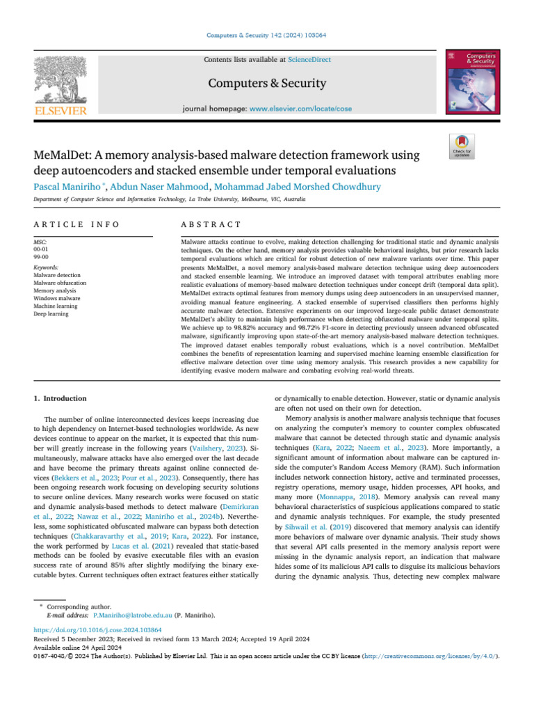 MeMalDet A Memory Analysis-Based Malware Detection Framework Using Deep ... MeMalDet A Memory Analysis-Based Malware Detection Framework Using Deep ...