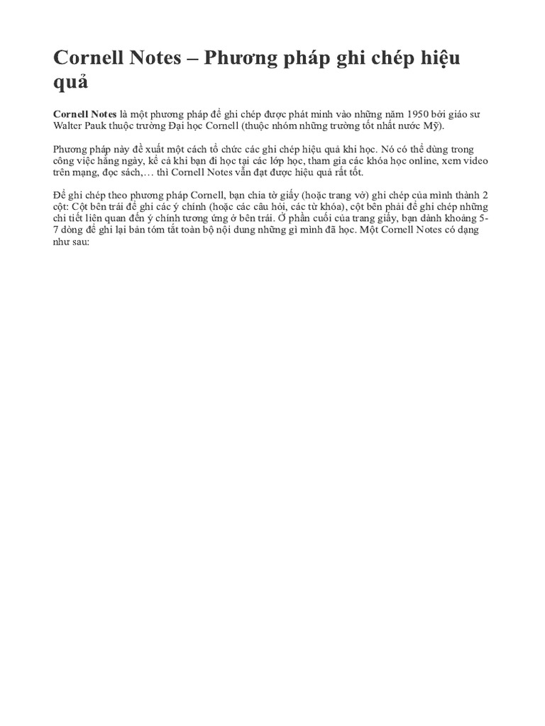 Cornell Notes - Phương pháp ghi chép hiệu quả - 1 | PDF