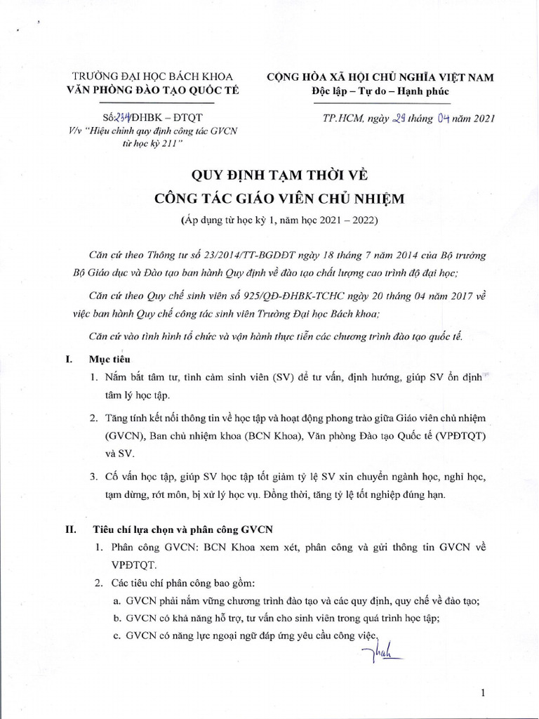 Quy Định Công Tác GVCN Mới 2021 | PDF
