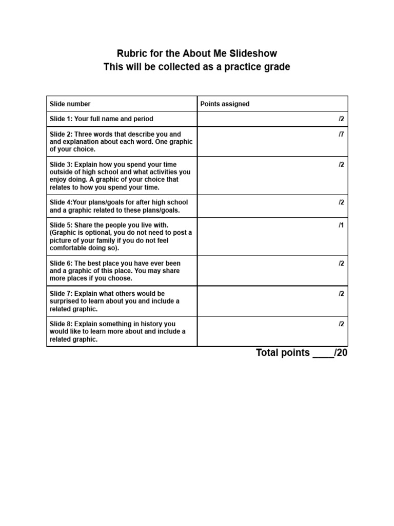 Rubric For The About Me Slideshow | PDF | Language Arts & Discipline ...