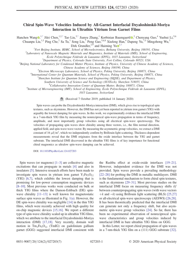 Hanchen Wang Et Al - 2020 - Physical Review Letters - Chiral Spin-Wave ...