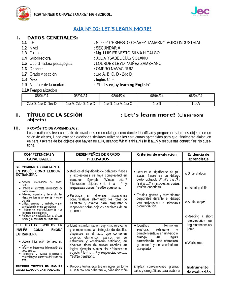 Lesson plan - classroom objects | PDF