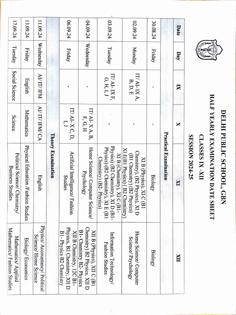 Half Yearly Examination Date Sheet | PDF