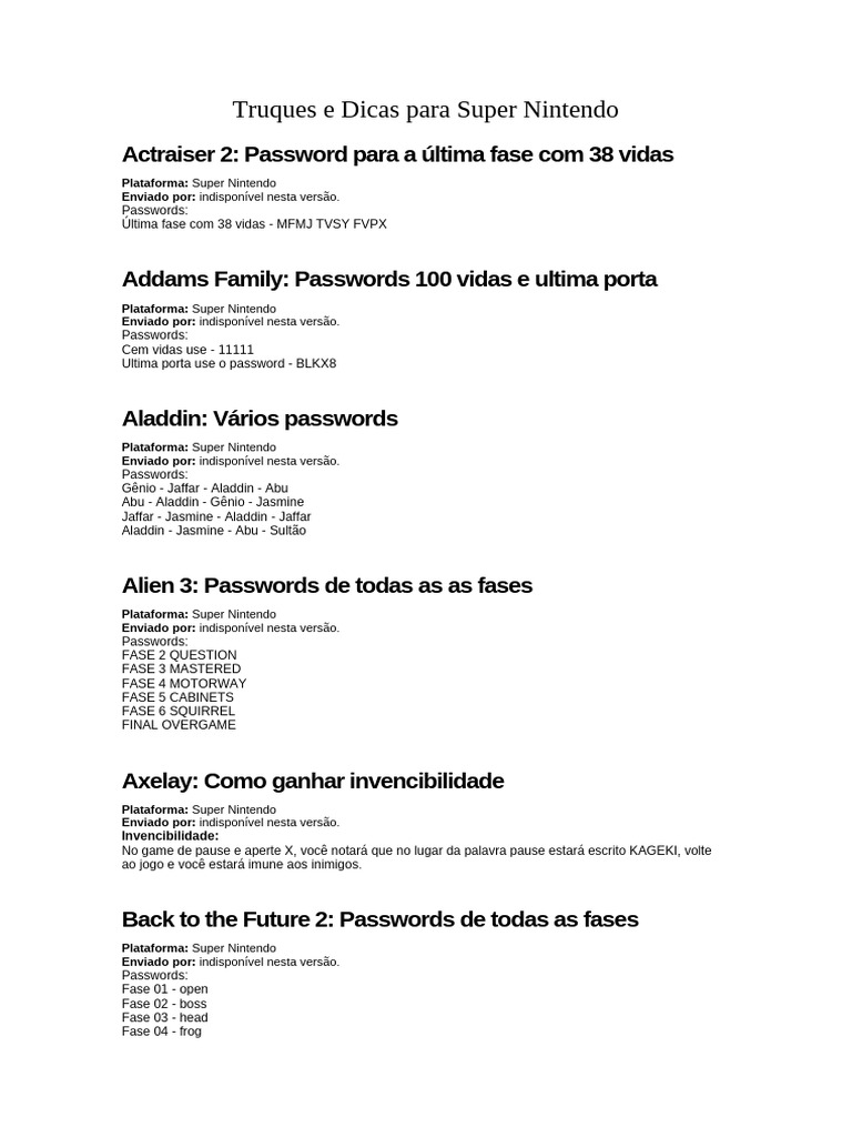 Truques e Dicas Para Super Nintendo | PDF