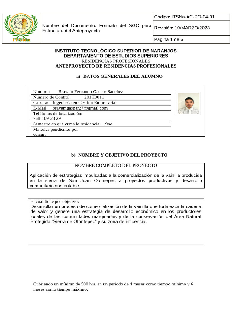 9. ITSNa-AC-PO-04-01 FORMATO DE ESTRUCTURA DEL ANTEPROYECTO | PDF