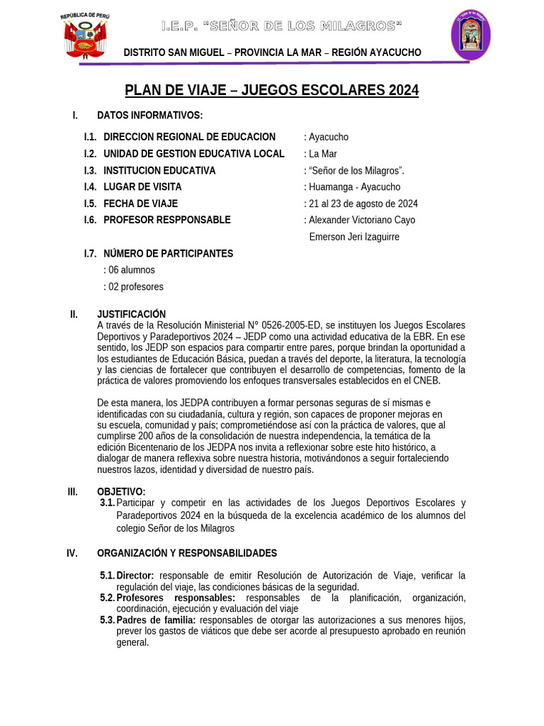 PLAN DE VIAJE Alos Juegos Escolares SDLM | PDF