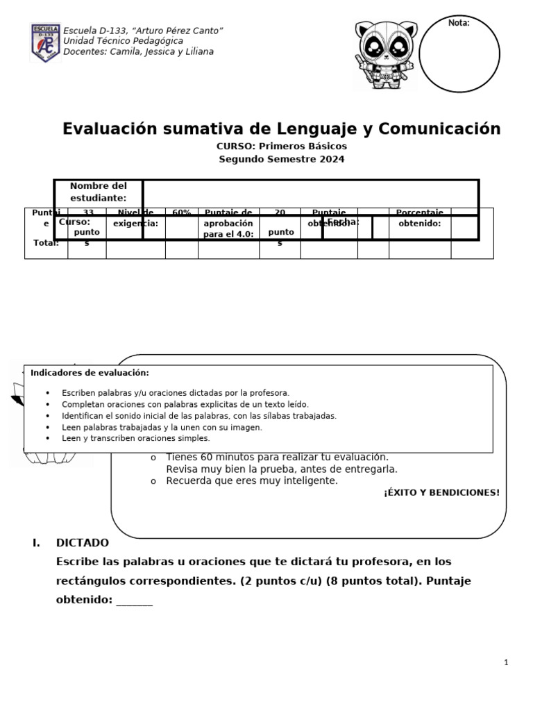 Evaluaciòn de Lenguaje Primeros Básicos Agosto 2024 Letras (S, D, T) | PDF