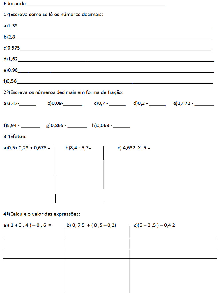 Compilado Exercicios Decimais 5 Serie | PDF
