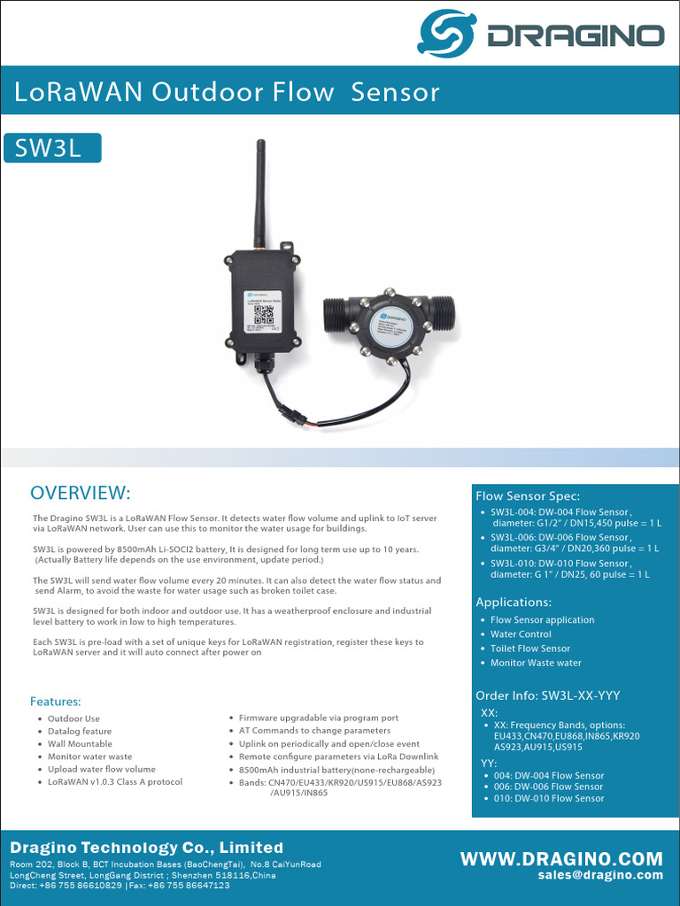 Dragino SW3l Flow Sensor Datasheet (EN) | PDF