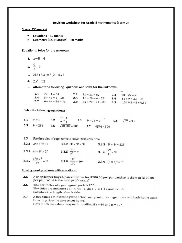 Revision Worksheet For Grade 8 Mathematics Term 3 | PDF
