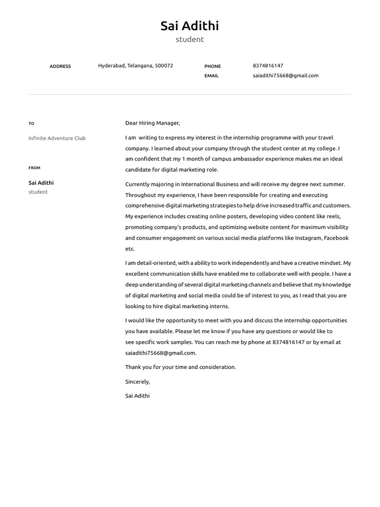 Sai Adithi - Cover Letter | PDF