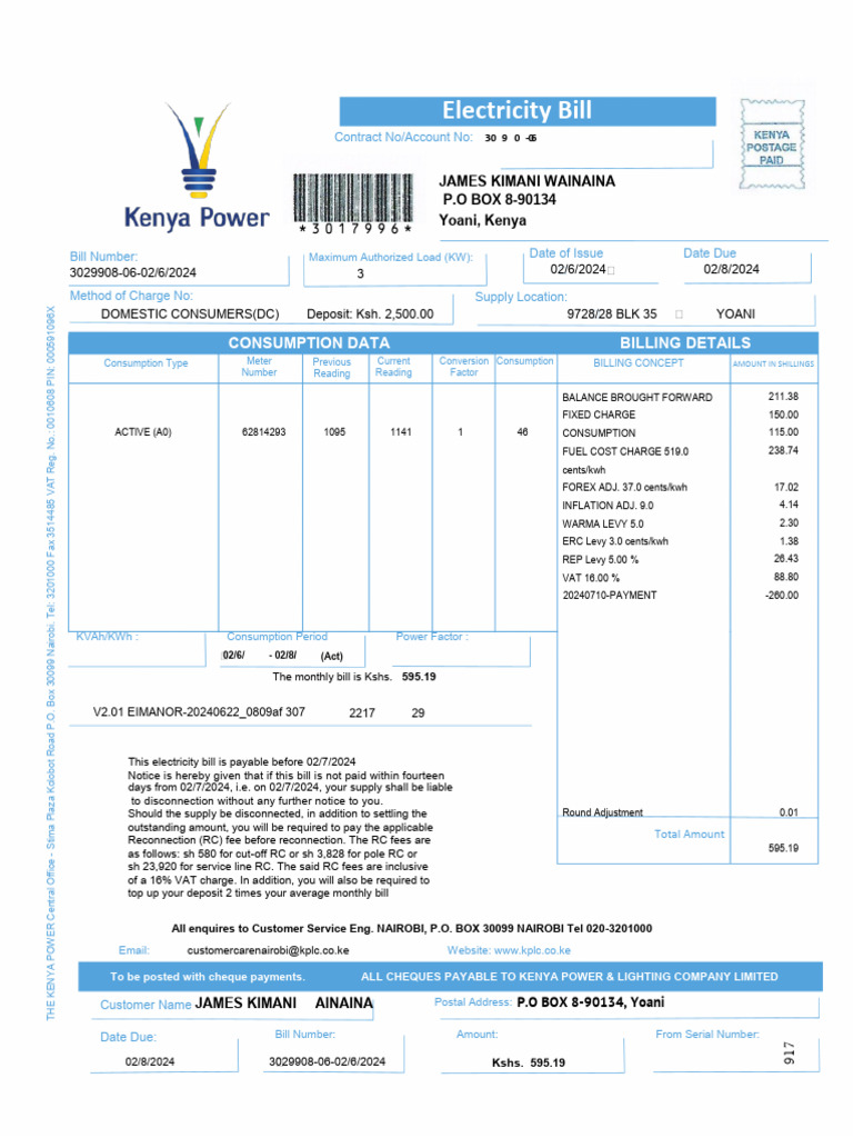 JAMES KIMANI WAINAINA-Utility-Bills-Kenya-Kenya-Power-Electricity-Bill ...