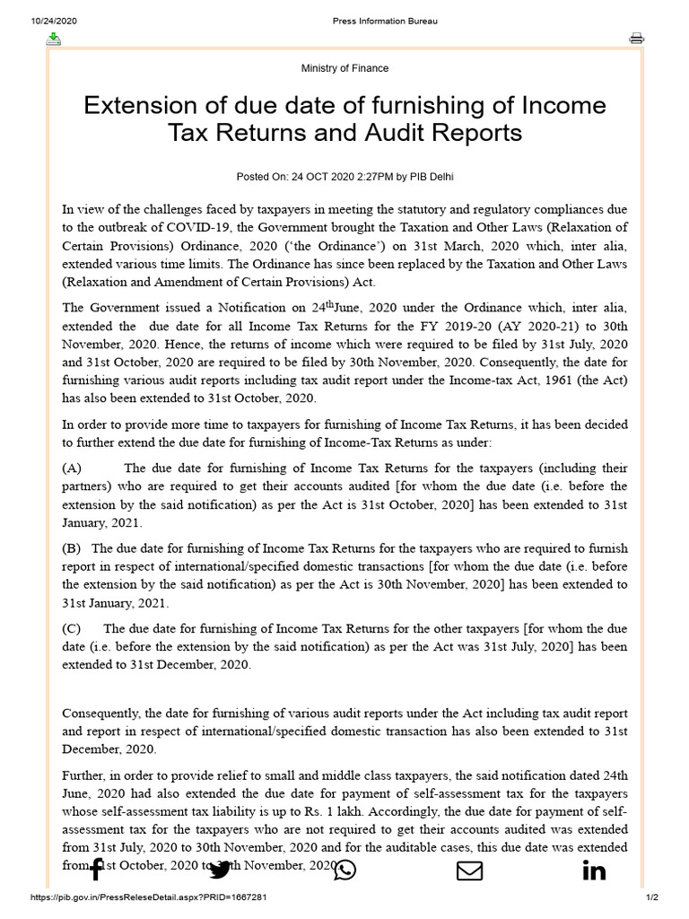 Press Release - Extension of Due Date of Furnishing of Income Tax ...