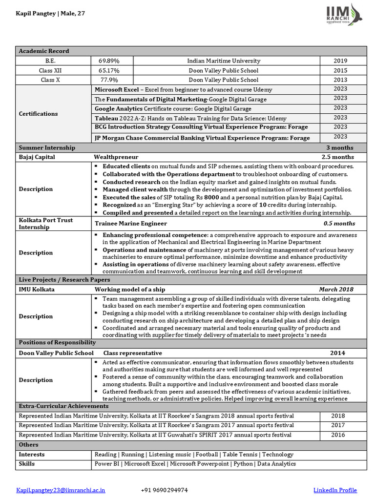 IIM Ranchi - Kapil Pangtey | PDF