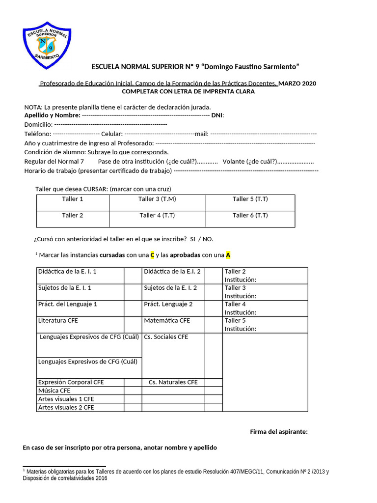 Formulario 4 Inscripcion - Talleres PEI 2020 | PDF