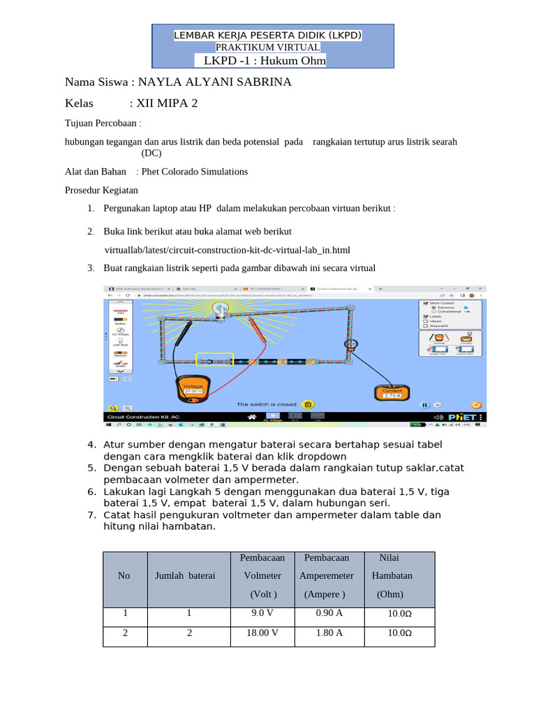 LKPD Hukum Ohm Nayla | PDF