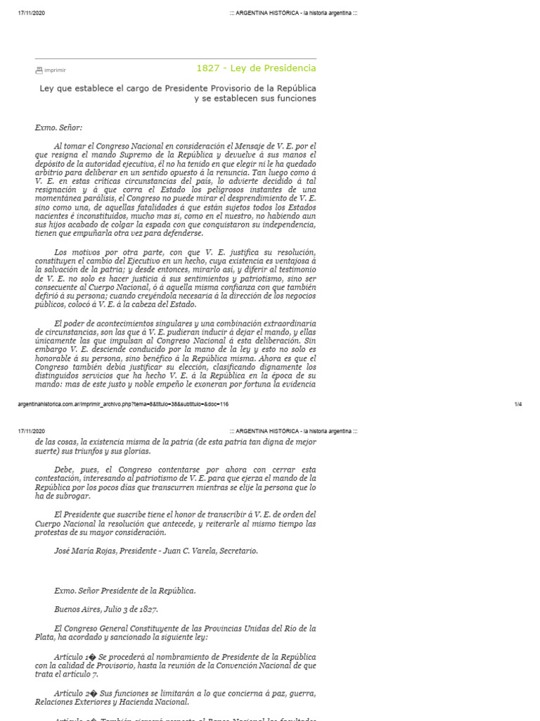 Ley de Presidencia - 1826 | PDF
