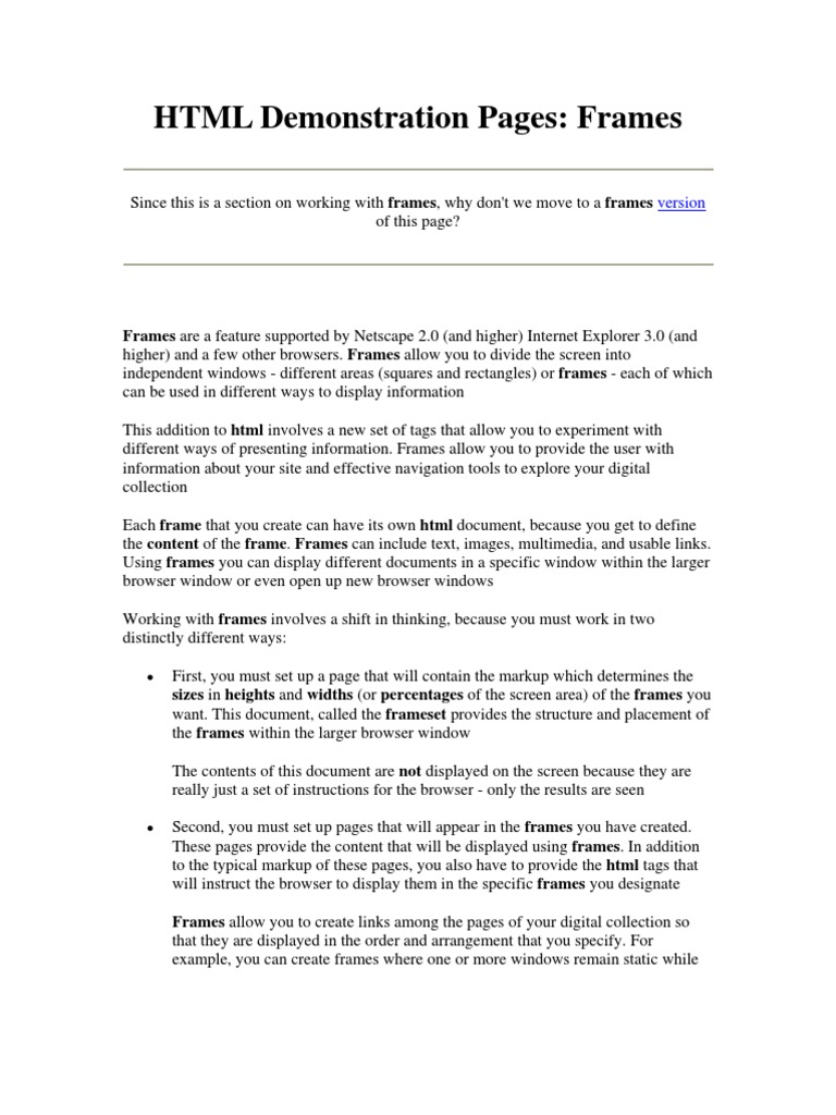 HTML Demonstration Pages: Frames: Frames Are A Feature Supported by ...