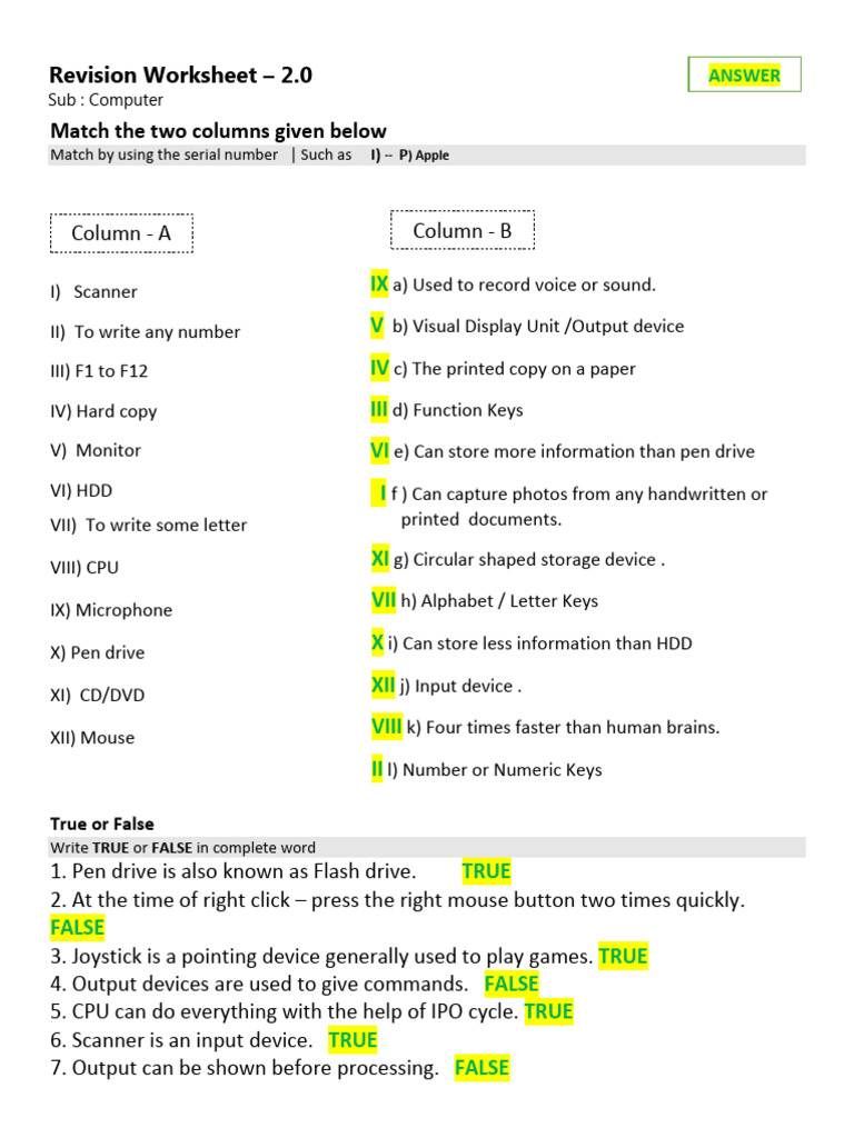 Class 2 Revision Answers 2024-25 August 20 | PDF