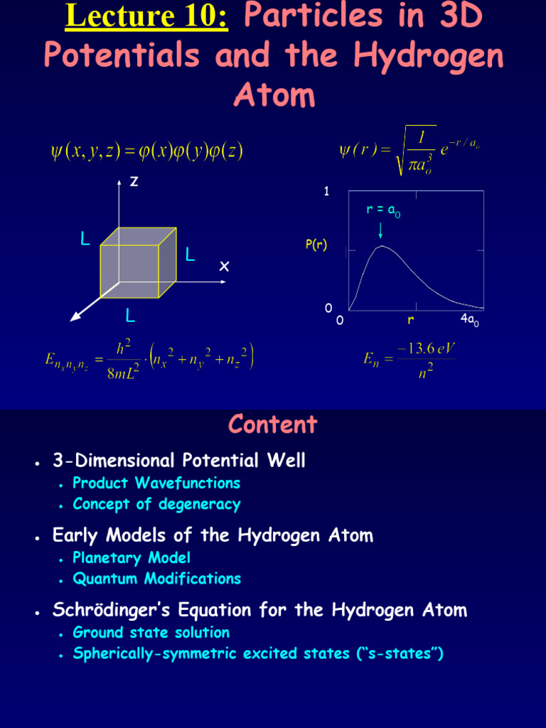 Lecture 10 - Particles in 3D Box and Hydrogen Atom | PDF
