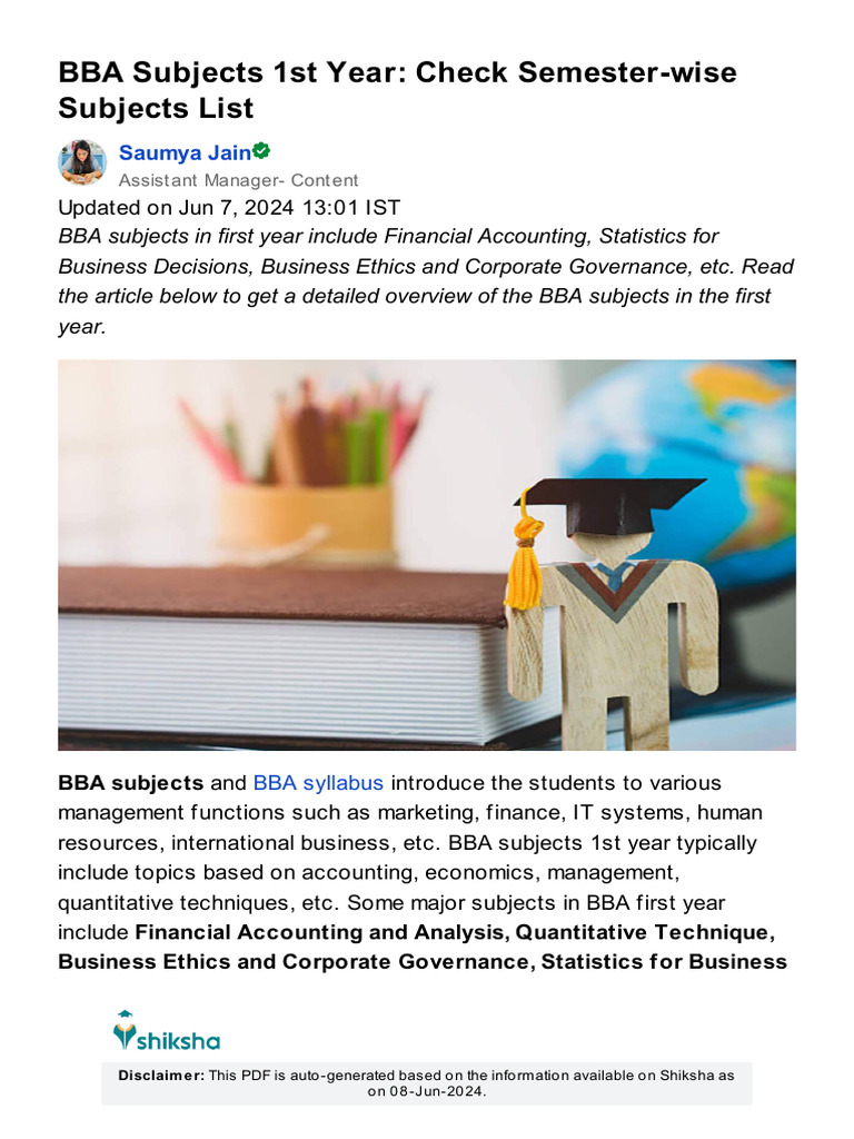 BBA Subjects 1st Year: Check Semester-Wise Subjects List: Saumya Jain | PDF