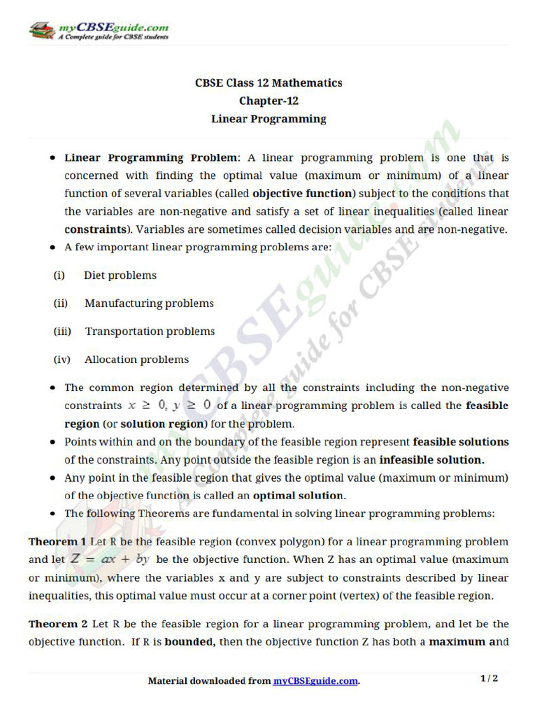 12 Maths Key Notes CH 12 Linear Programming | PDF