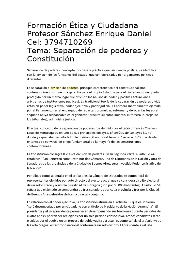 Separación De Poderes Y Constitución Pdf