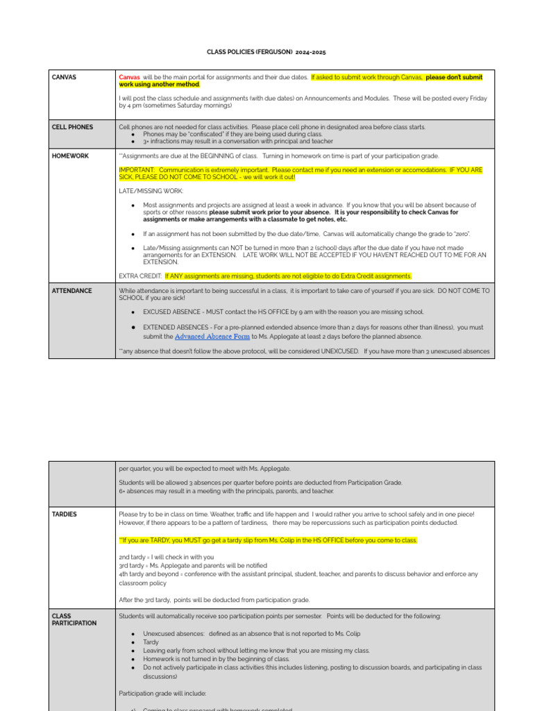 2024-2025 Class Policies | PDF