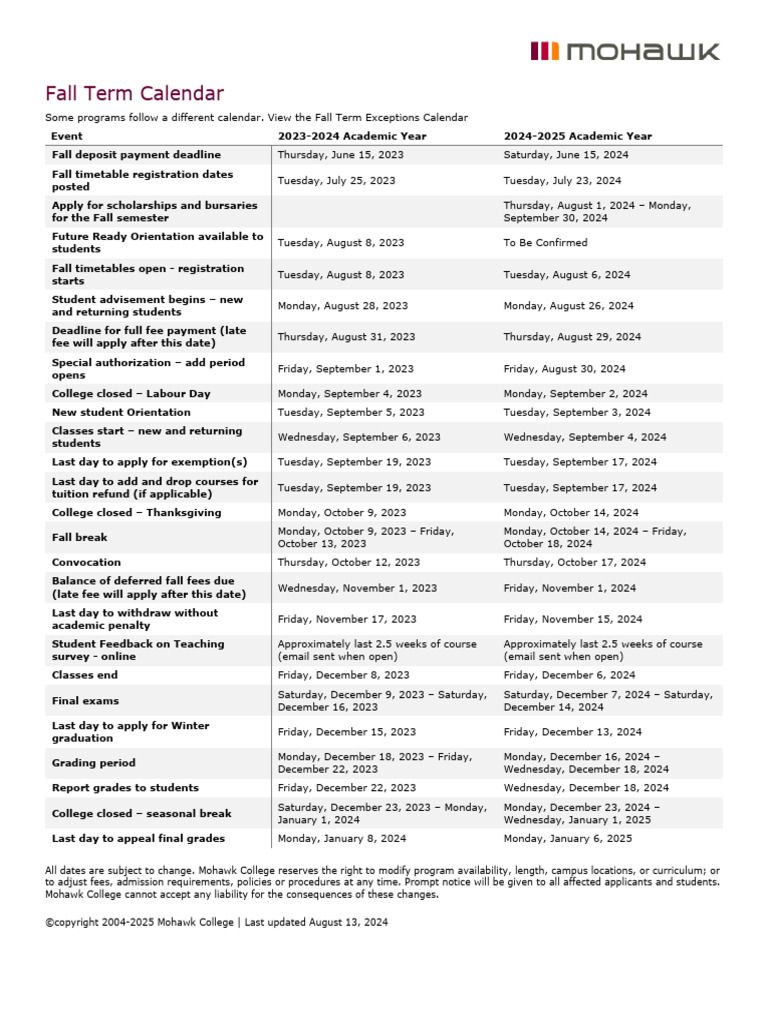 2024-2025 Fall Term Calendar - Important Academic Dates - Mohawk ...