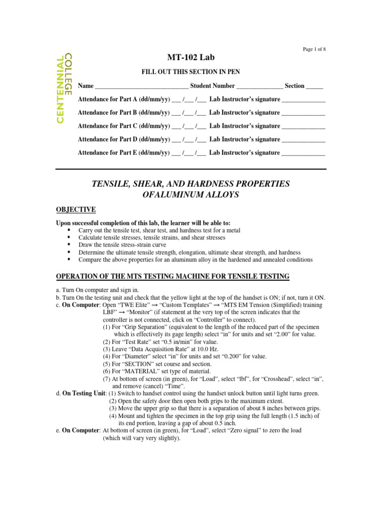 MT-102 Lab Sheet-Tensile, Shear, Hardness-F20 | PDF