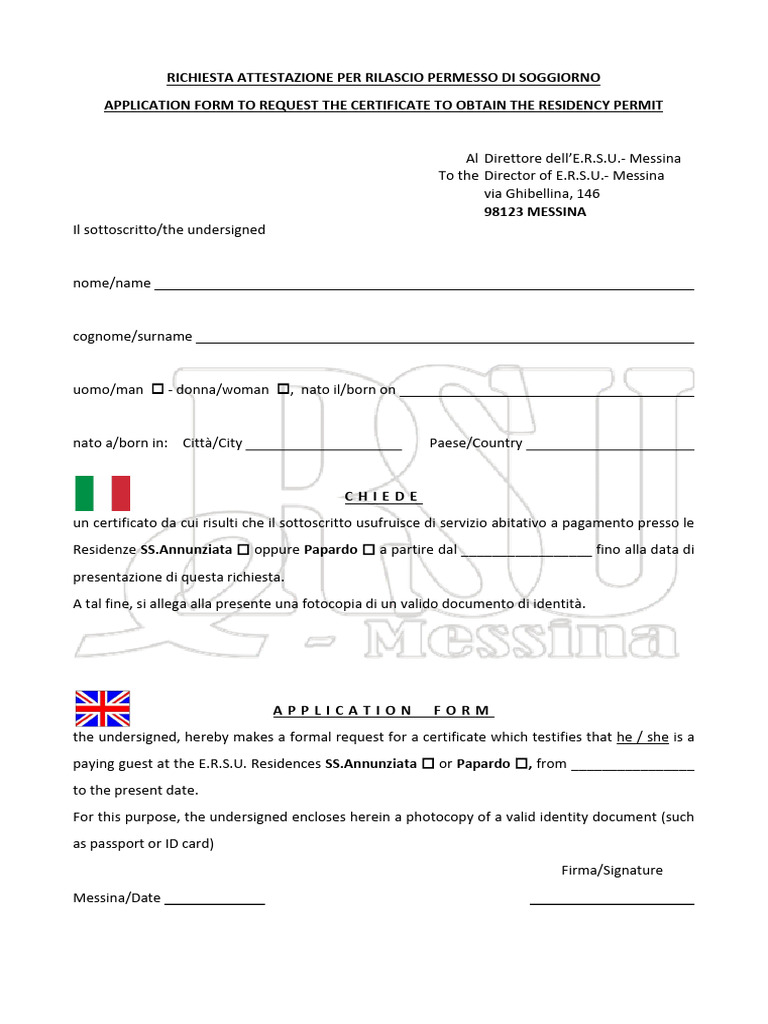 Modulo Richiesta Attestato Per Permesso Soggiorno | PDF