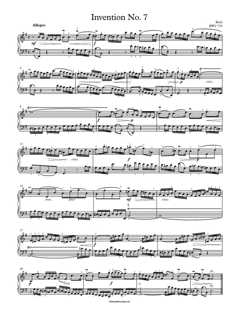 Bach Invention No. 7 BWV 778 1 Page Version | PDF | Johann Sebastian Bach