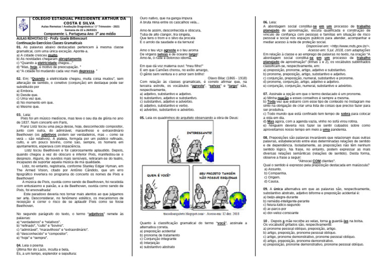 Aulas Remotas 2 - Aval. Diag. - Semana de 22-03 A 26-03 - Classes Gramaticais | PDF