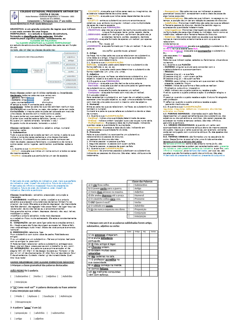 AULAS REMOTAS 1 - AVAL. DIAG. - SEMANA DE 15-03 A 19-03 - CLASSES GRAMATICAIS | PDF
