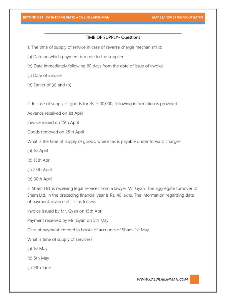 TIME OF SUPPLY Questions | PDF