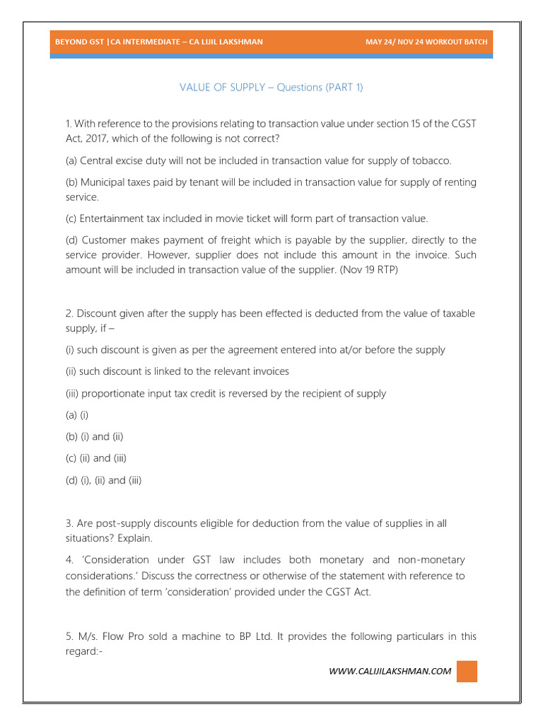 Value of Supply Questions | PDF
