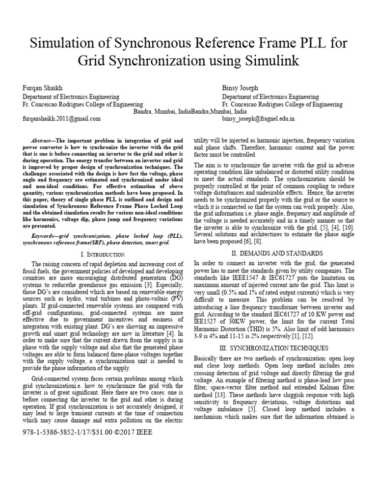 Simulation Of Synchronous Reference Frame Pll For Grid Synchronization Using Simulink Pdf