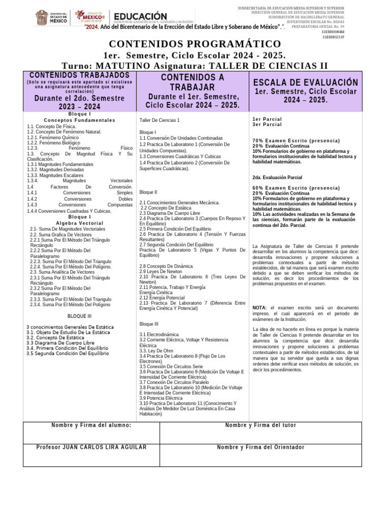 CONTENIDOS PROGRAMATICOS Taller de Ciencias II 2024 | PDF