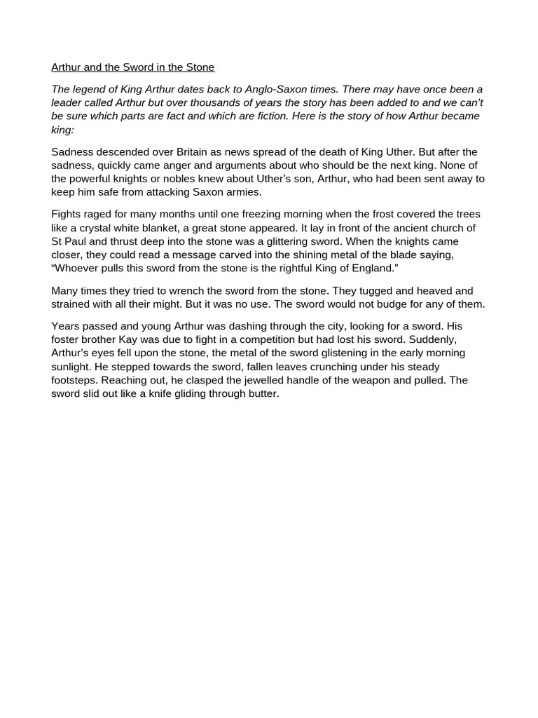 Arthur and The Sword in The Stone Reading Comprehension | PDF