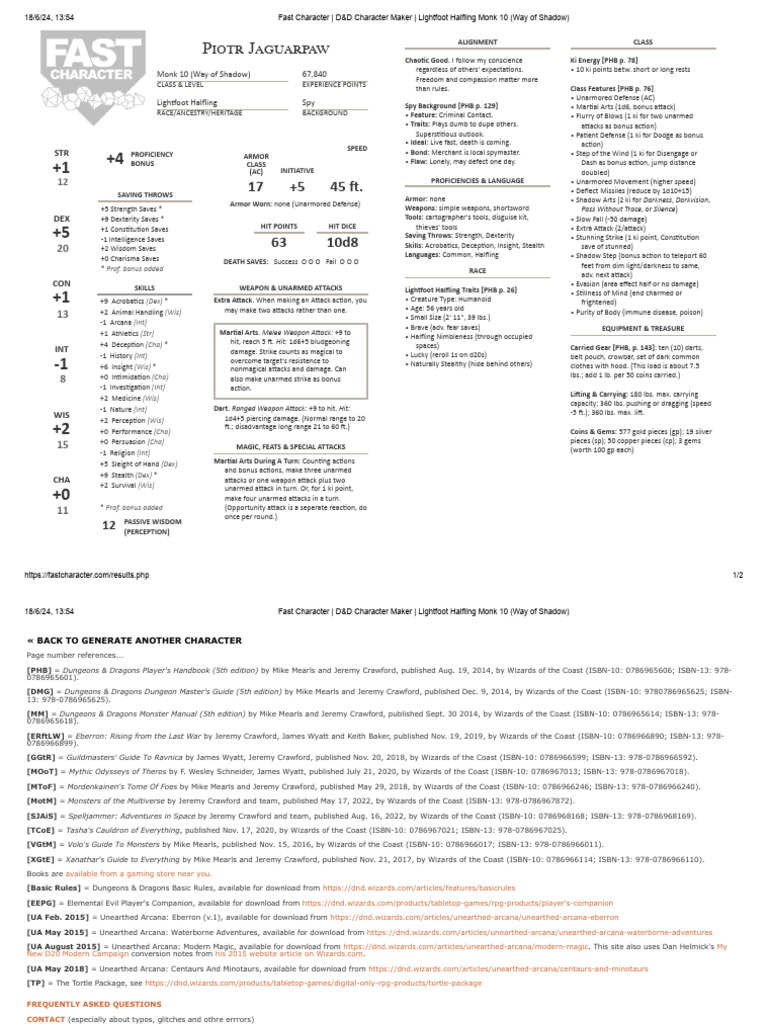 Fast Character Piotr Jaguarpaw Lightfoot Halfling Monk 10 Way of Shadow | PDF