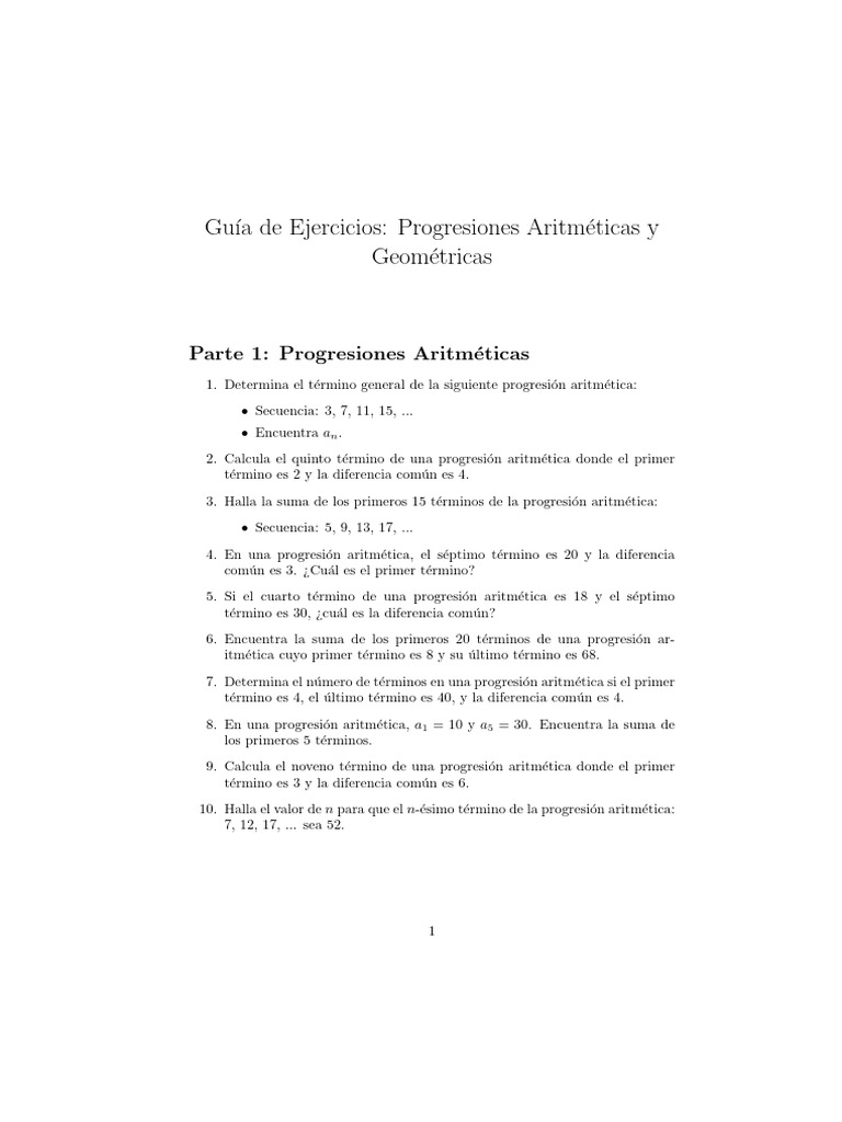 Guía de Ejercicios Progresiones Aritméticas y Geométricas | PDF