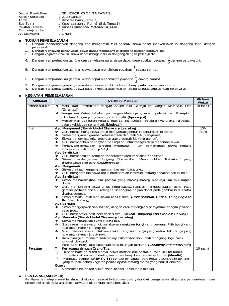RPP 1 Lembar Kelas 2 Tema 7 | PDF