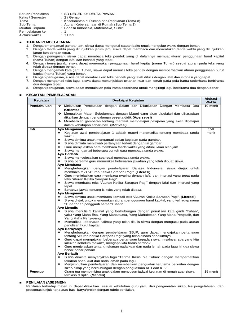 RPP 1 Lembar Kelas 2 Tema 8 | PDF