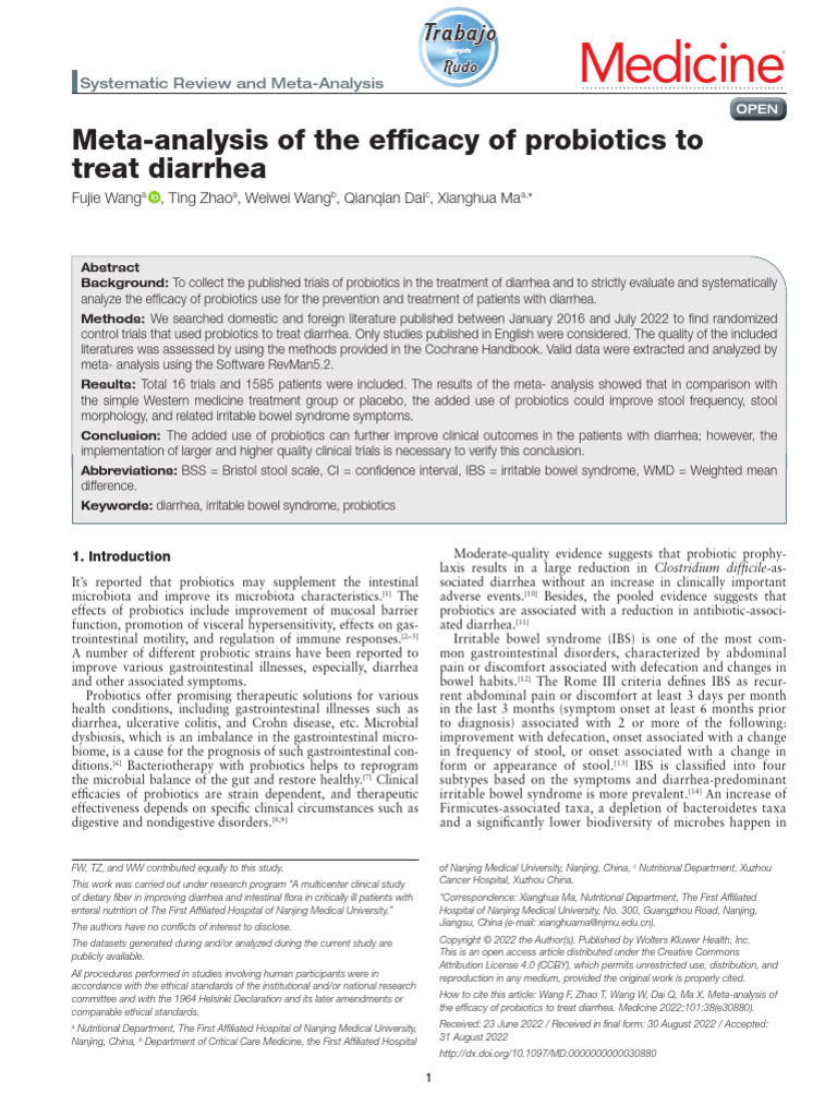 Meta Analysis of The Efficacy of Probiotics To Treat Diarrhea | PDF