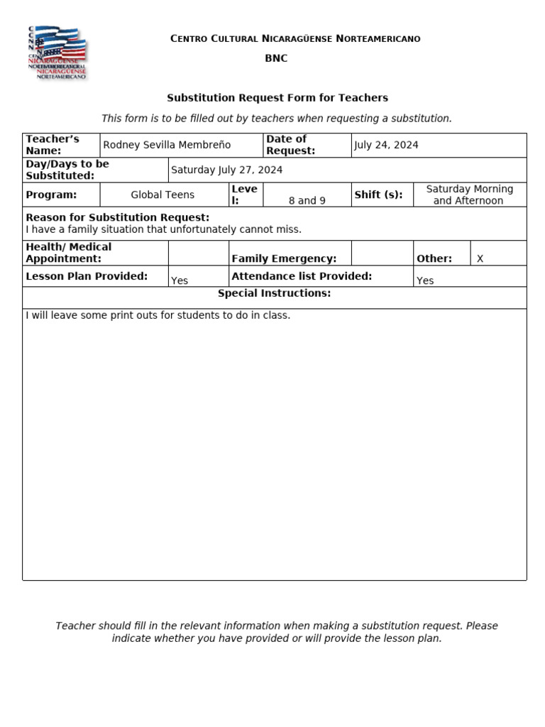 Substitution Request Protocol For Teachers | PDF
