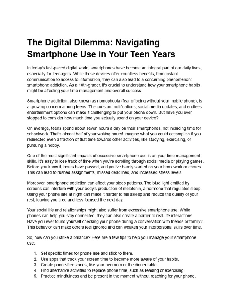 The Digital Dilemma - Navigating Smartphone Use in Your Teen Years | PDF The Digital Dilemma - Navigating Smartphone Use in Your Teen Years | PDF