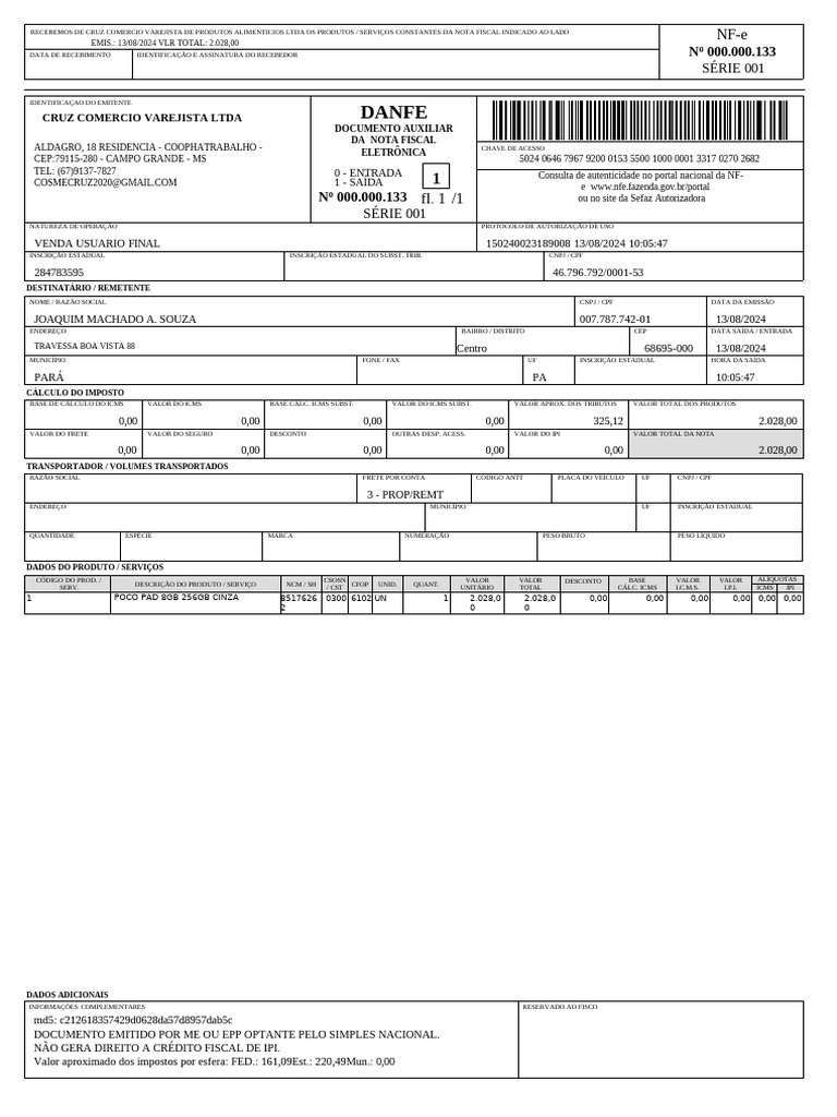 Danfe: SÉRIE 001 | PDF