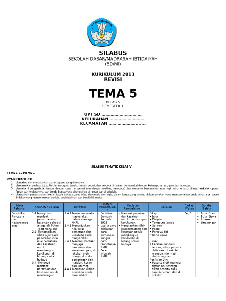 Silabus K13 Kelas 5 Tema 5 FIX | PDF