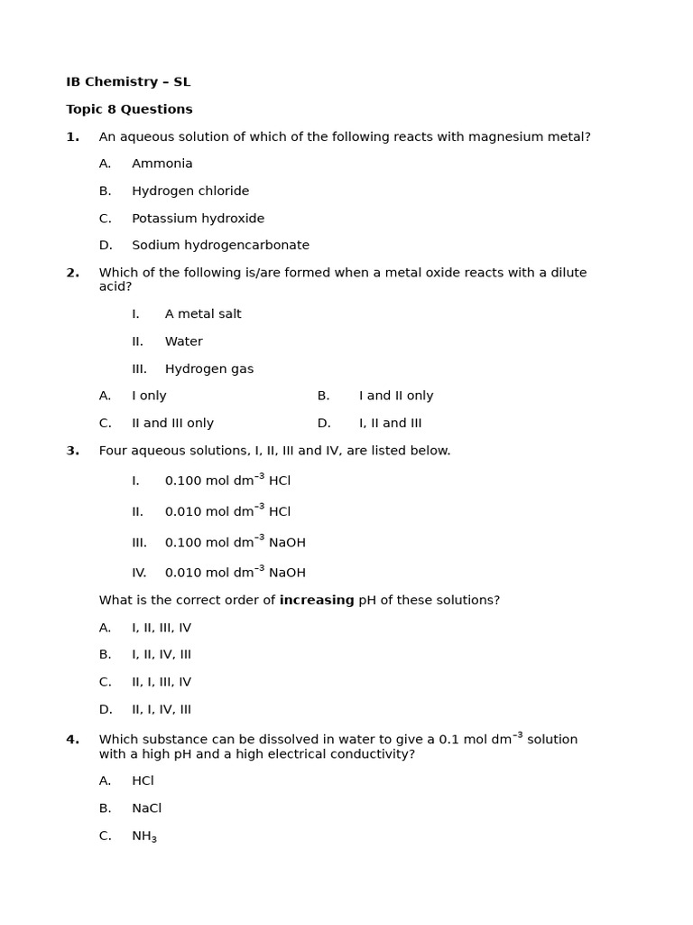 SL Chemistry Topic 8 Practice Questions | PDF | Acid | Ph