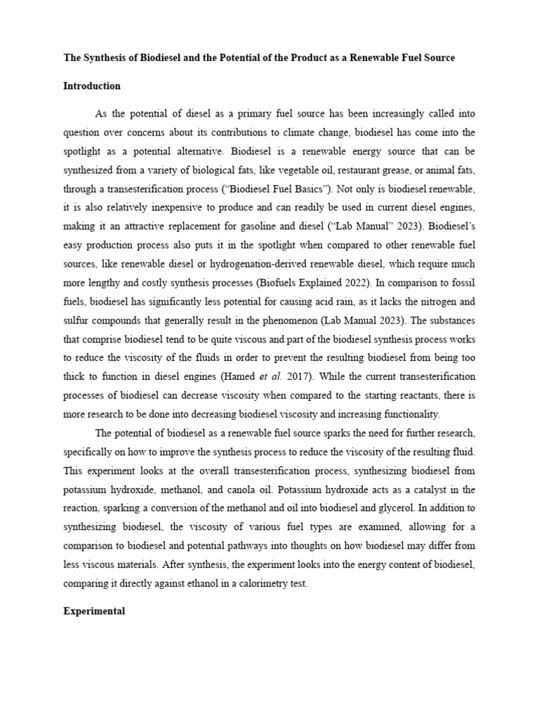 Biodiesel Lab Report | PDF